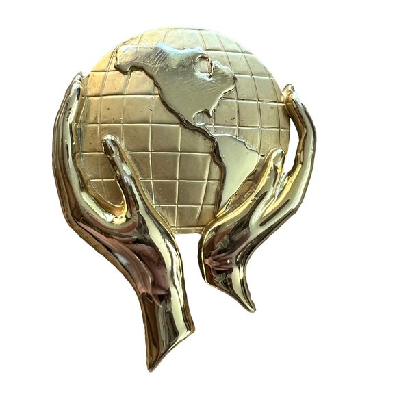 Jewelry | Vintage 8s 90s Hold World In His Hands Pin Brooch Globe Gold ...